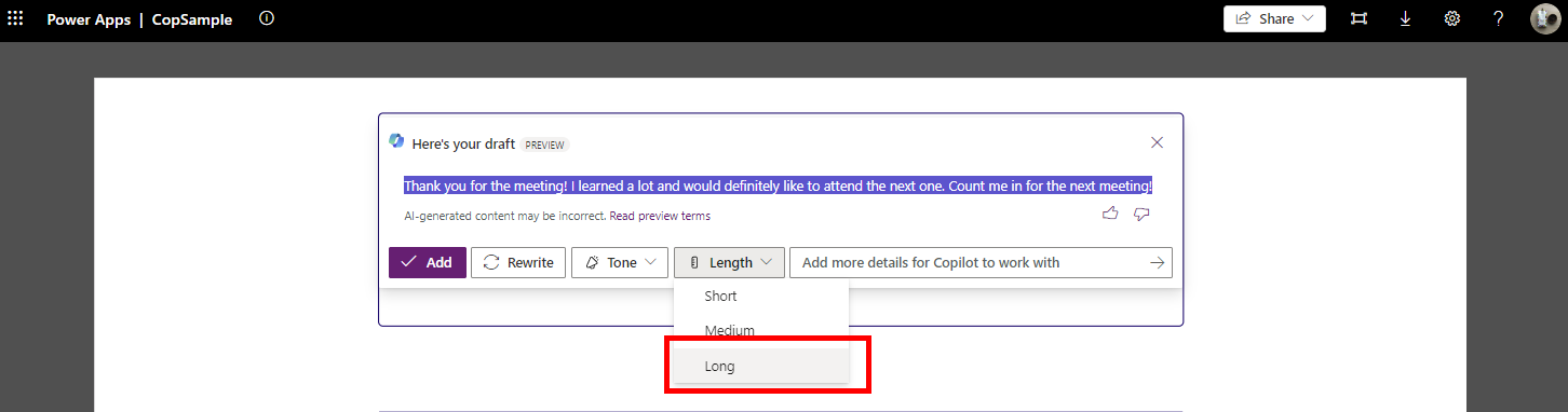 Power Apps キャンバスアプリのユーザー向けのCopilotがプレビューに｜Well-written input text with Copilot